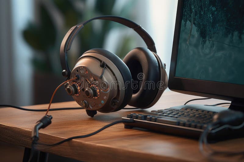 Close-up of Advanced Neural Headset on Table Stock Illustration ...