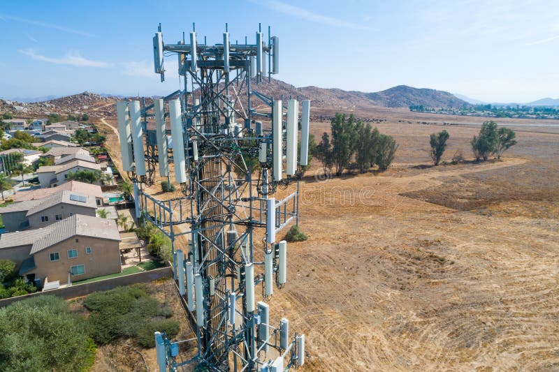 Close-up Aerial of Cellular Wireless Mobile Data Tower with ...