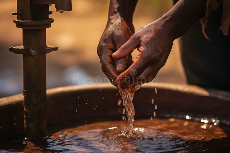 Close-up of an African Mans Hands Operating a Rusty Water Pump. Problem ...