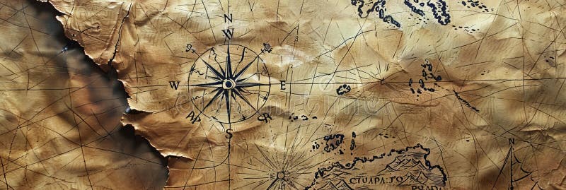 A Closeup of an Aged Handdrawn Pirate Map with a Marked X Compass Rose ...