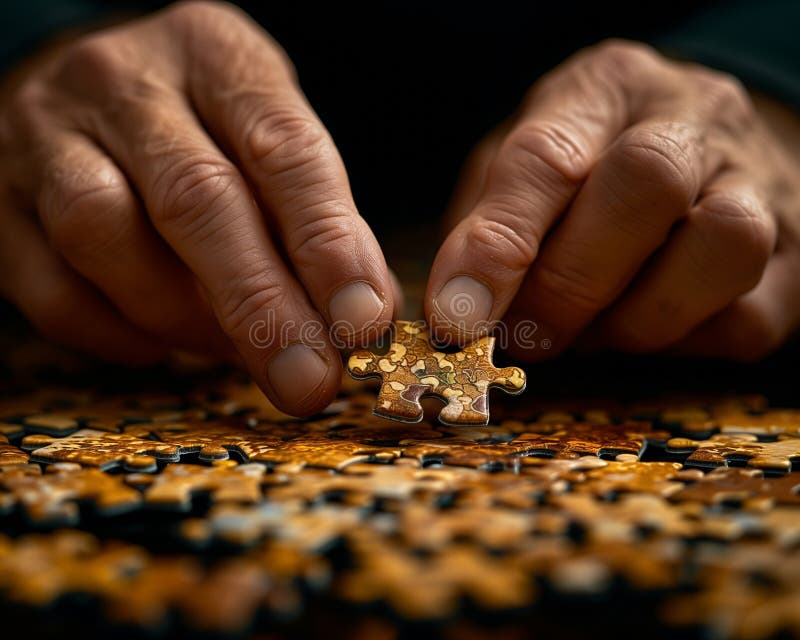 Close-up of Aged Hands Placing a Golden Puzzle Piece on a Patterned ... Close-up of Aged Hands Placing a Golden Puzzle Piece on a Patterned ...
