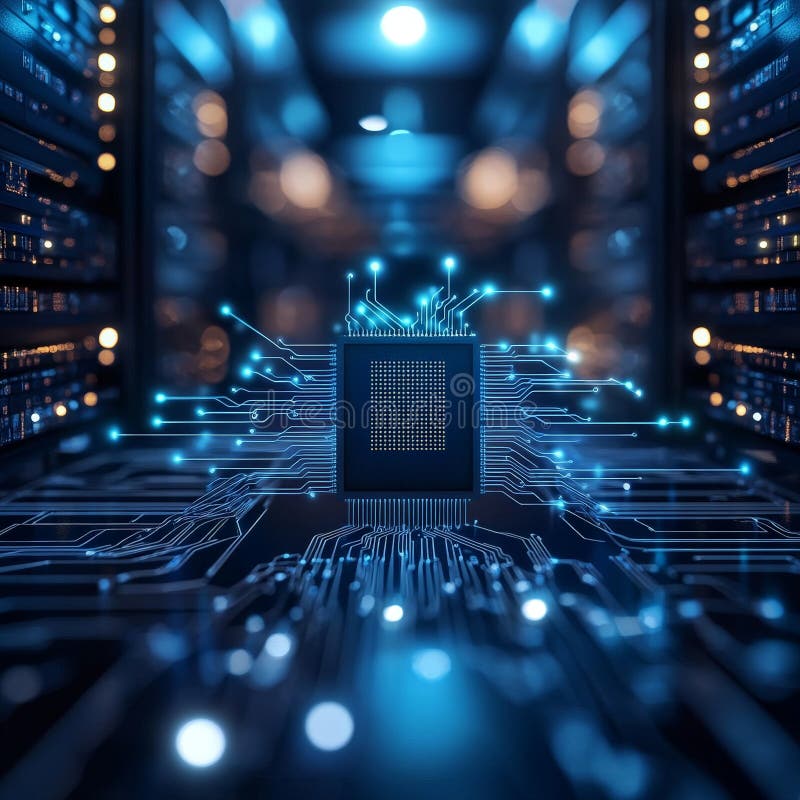 AI Chip in Network with Digital Data Center Background Stock ...