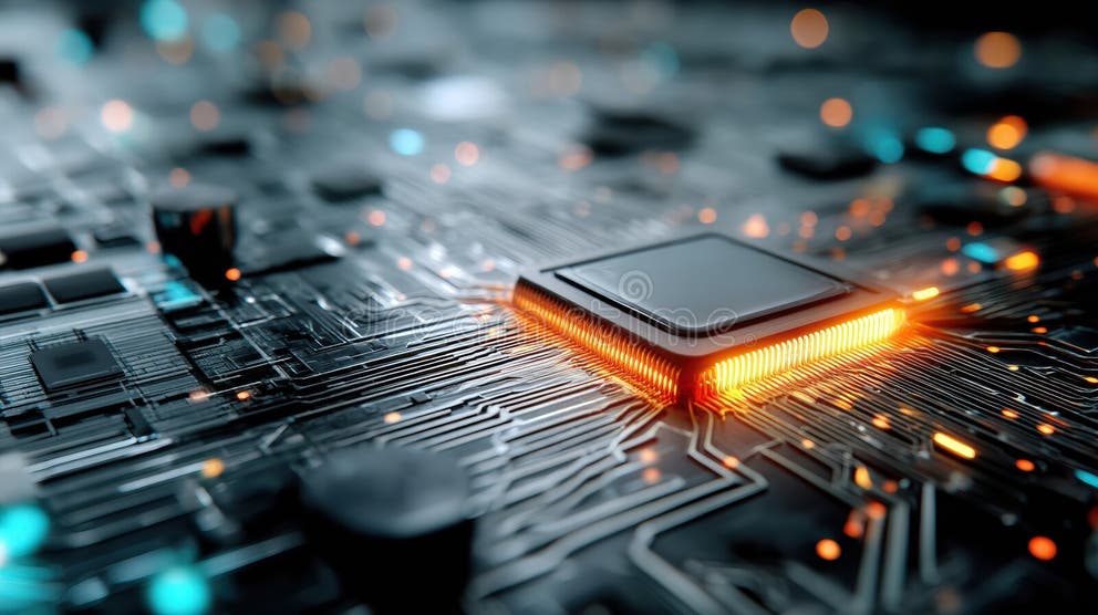 Close-up of an AI Chip Embedded in a Motherboard Illuminated by Glowing ...