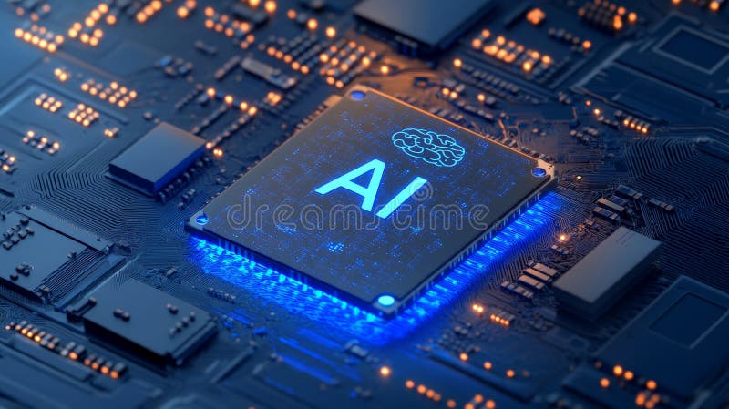 Close-up of Ai Chipset on Circuit Board with Glowing Blue Highlights ...