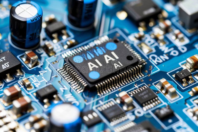 Close Up of AI Microchips on a Circuit Board, Highlighting the ...
