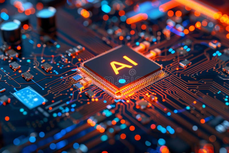 Close-up of AI Microcomputer Chips on Motherboard Circuit Under ...