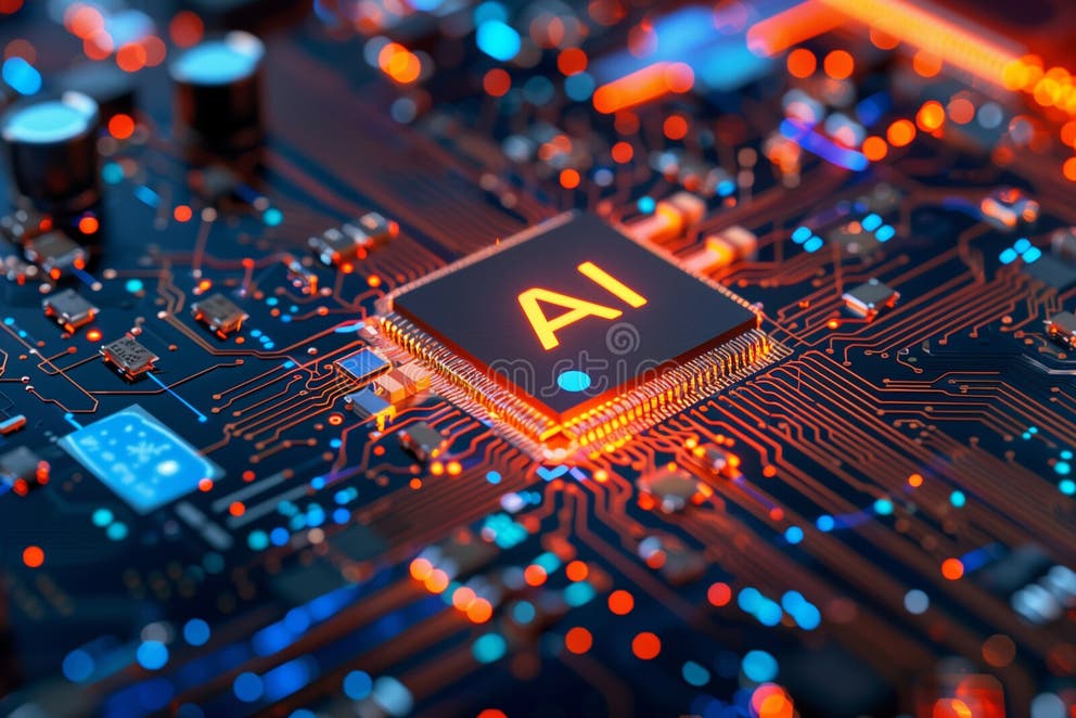 Close-up of AI Microcomputer Chips on Motherboard Circuit Under ...