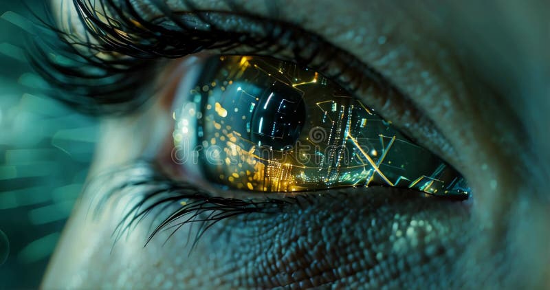 Close Up On Ai Robot Eye Mirroring Complex Data Patterns Highlighting