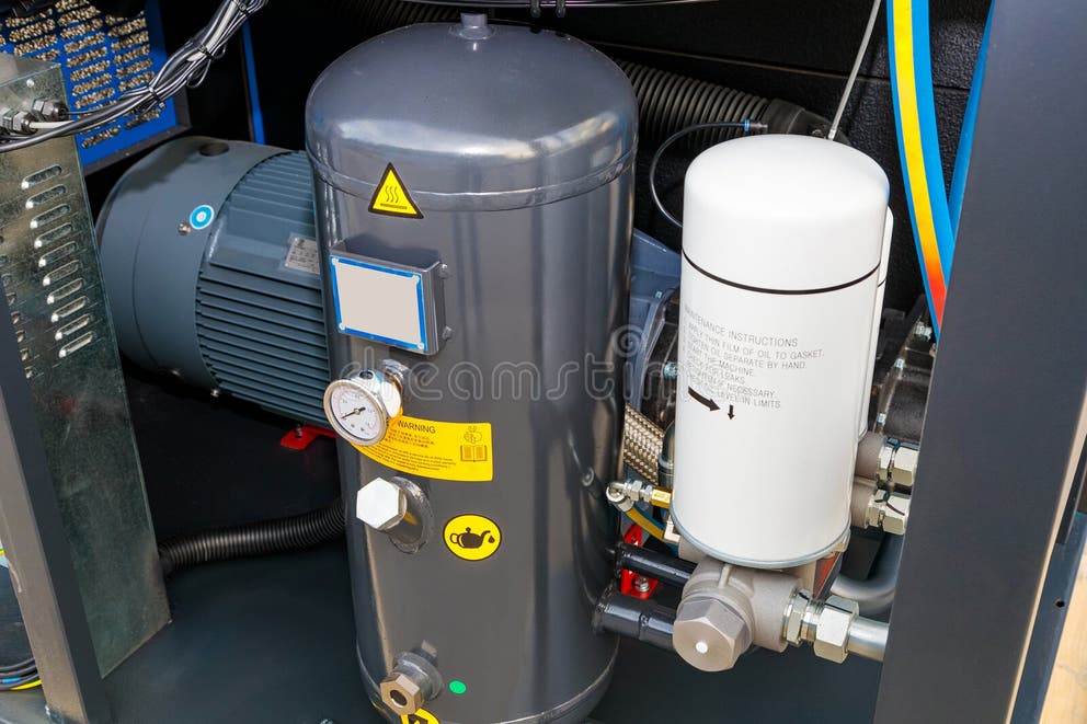 Air Compressor Unit Showing Motor, Tank, and Filter System Stock Image - Image of industrial ...