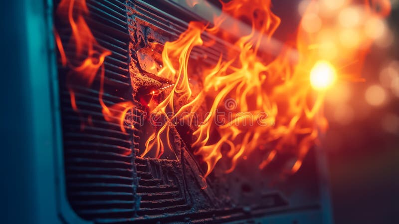 A Close Up of an Air Conditioner on Fire with the Sun in the Background ...