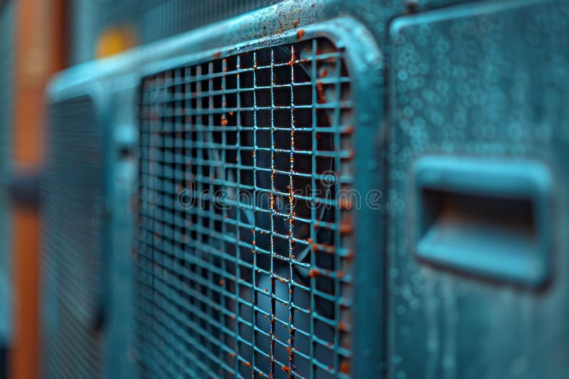 Close Up of Air Conditioning Unit with Fan Behind Metal Mesh for ...