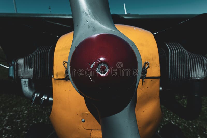 Close-up of an Airplane Propeller with a Red and Yellow Engine Stock ...