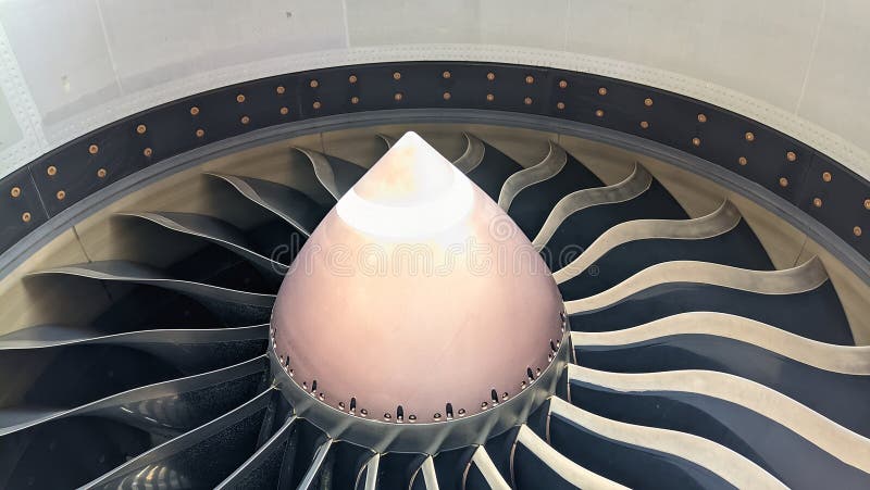 Close-up of Airplane Turbofan Engine Fan Blades and Spinner Cone Stock ...