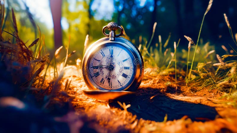 Close Up of Alarm Clock in the Grass with Trees in the Background ...
