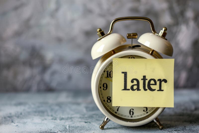 Close-up of an Alarm Clock with a Yellow Sticky Note Reading Later ...