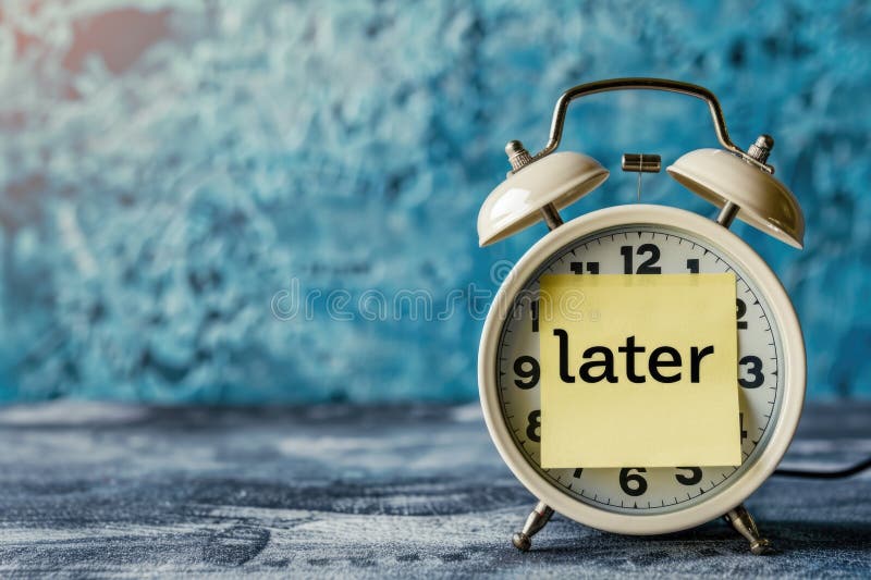 Close-up of an Alarm Clock with a Yellow Sticky Note Reading Later ...