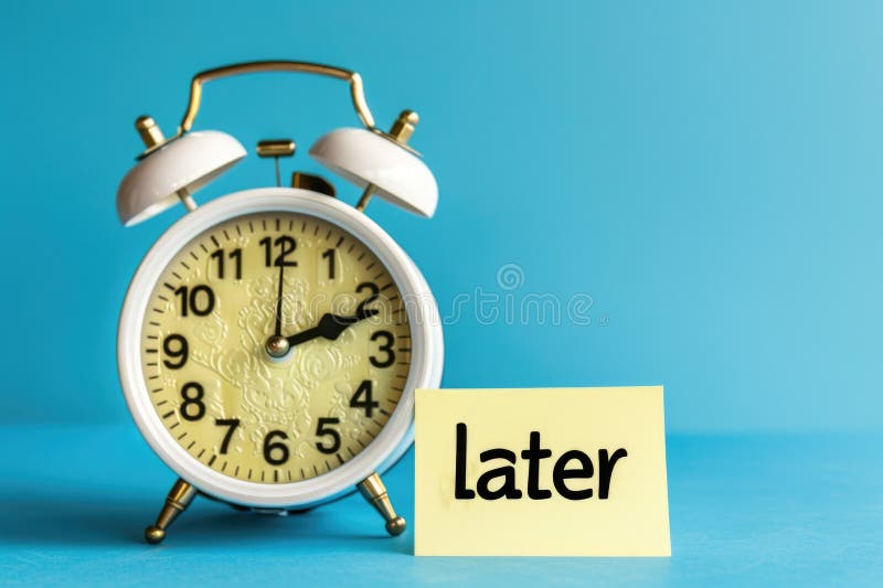 Close-up of an Alarm Clock with a Yellow Sticky Note Reading Later ...
