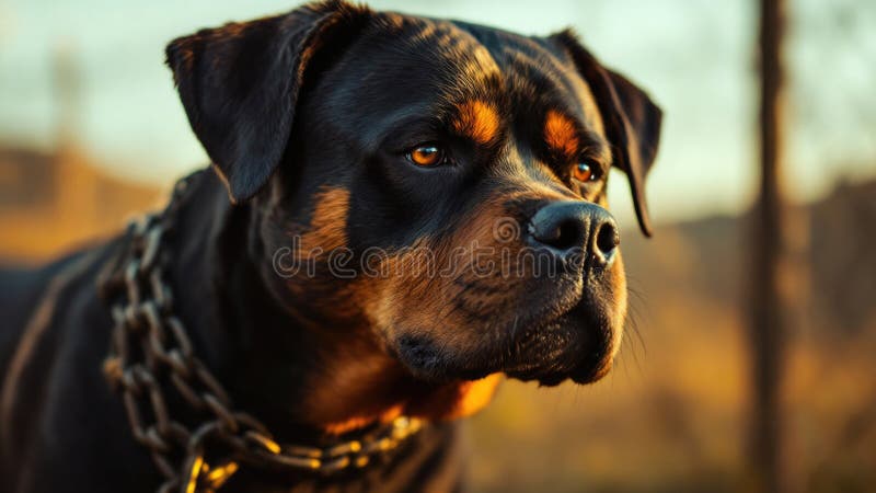 Close-up of Alert Rottweiler Dog with Chain Collar in Warm Sunlight ...