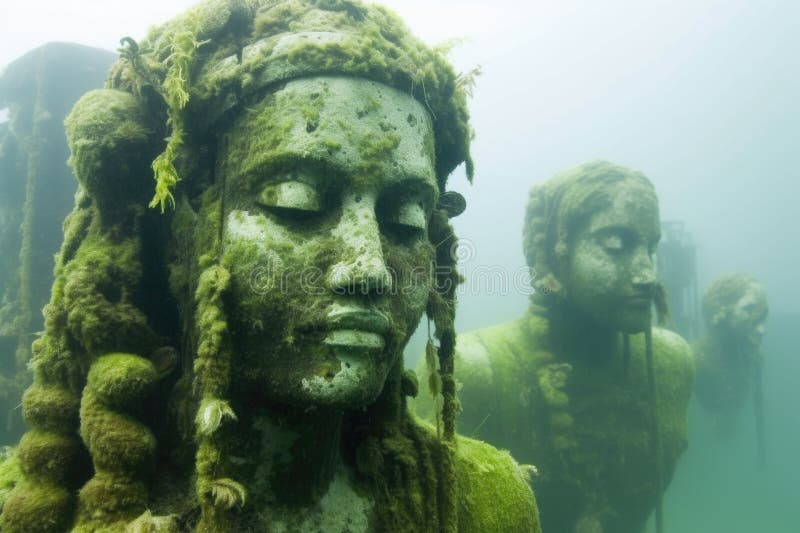 Close-up of Algae-covered Underwater Statues Face Stock Illustration ...