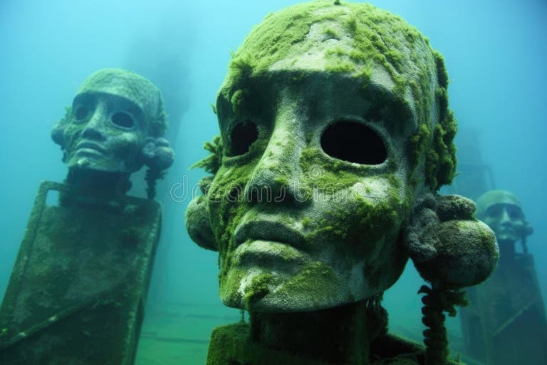 Close-up of Algae-covered Underwater Statues Face Stock Illustration ...