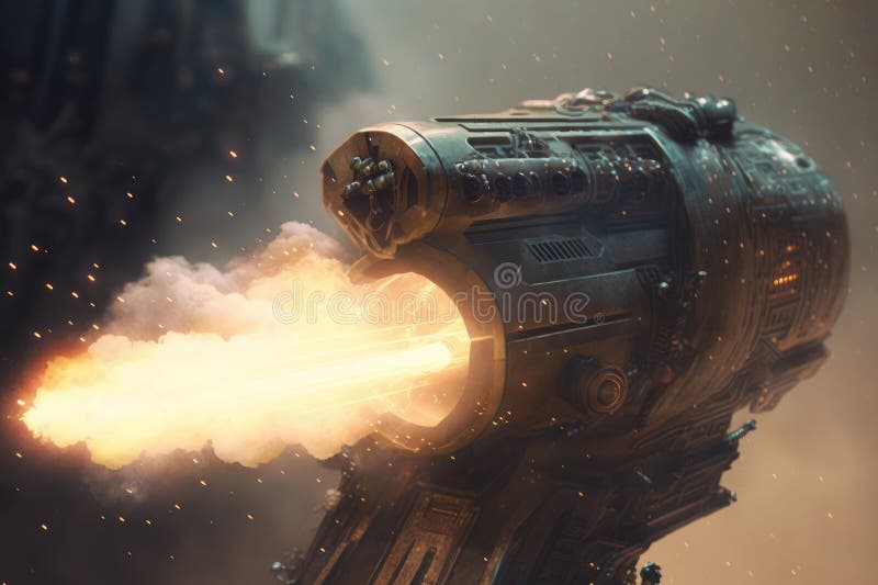 Close-up of Alien Blaster, with Smoke and Sparks Flying from the Muzzle ...