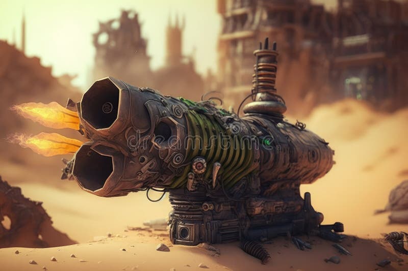 Close-up of Alien Blaster, with Smoking Ammunition Shells and Destroyed ...