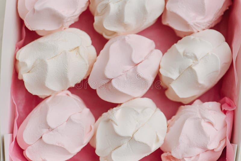 Close Up of an Alternating Pink and White Zefir in a Box on Pink Piece ...