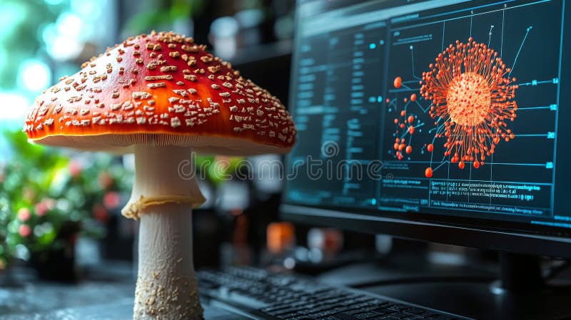 A Close-up of Amanita Muscaria beside a Digital Representation of Its Molecular Structure Stock ...