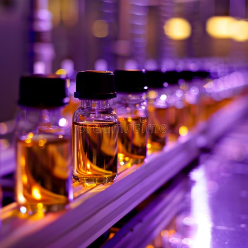 Close-up of Amber Liquid in Bottles on a Conveyor Belt Stock ...