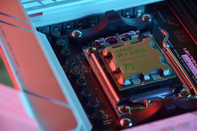 Close-up of an AMD Ryzen 9 3900X Processor Installed on a Motherboard ...