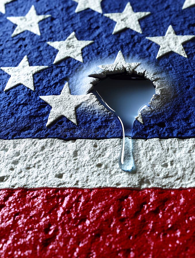 Close Up of American Flag with a Hole and Water Droplets Running Down ...