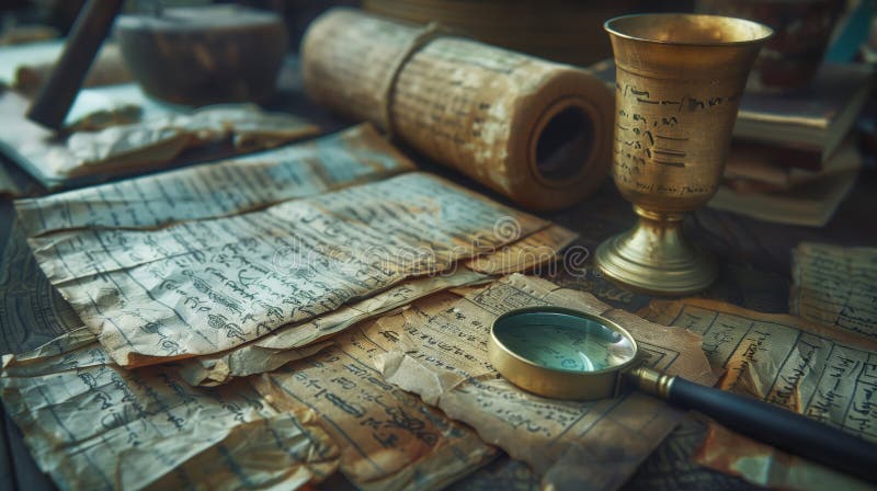 Close-up of Ancient Documents with a Magnifying Glass Stock Image ...