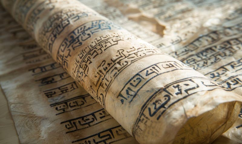 Close-up of an Ancient Scroll with Flowing Script and Symbols Written ...