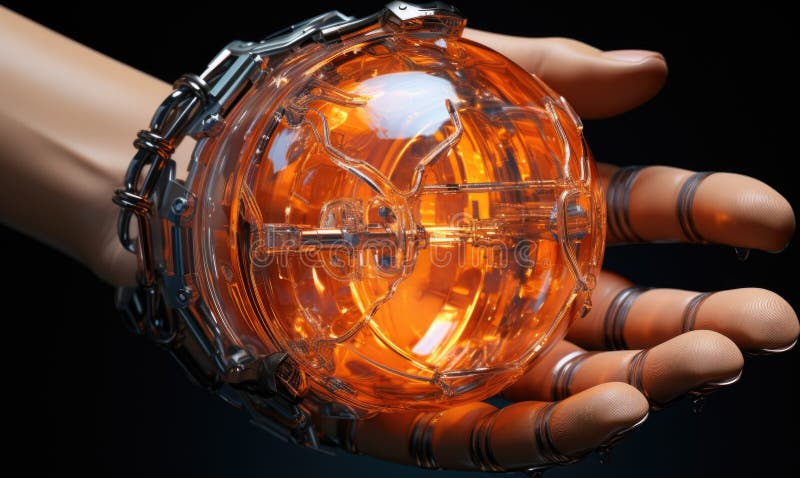 A Close Up of an Android Robot Hand Holding Ab Orange Glowing Object ...