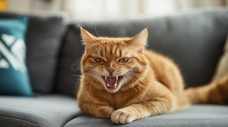 Close-up of an Angry Ginger Cat with Sharp Teeth and an Open Mouth ...