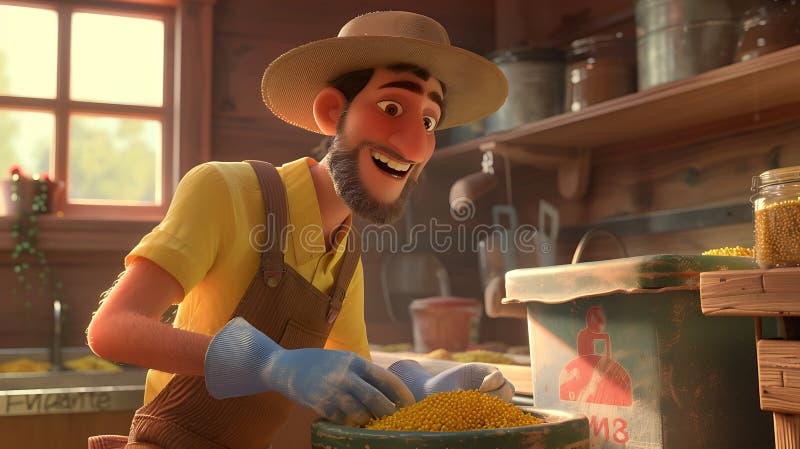 Close-up of Animated Farmer Cleaning Animal Feed Containers Stock ...