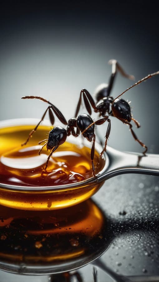 Close-up of an Ant Drinking from Honey Jar, Showcasing Feeding Behavior ...