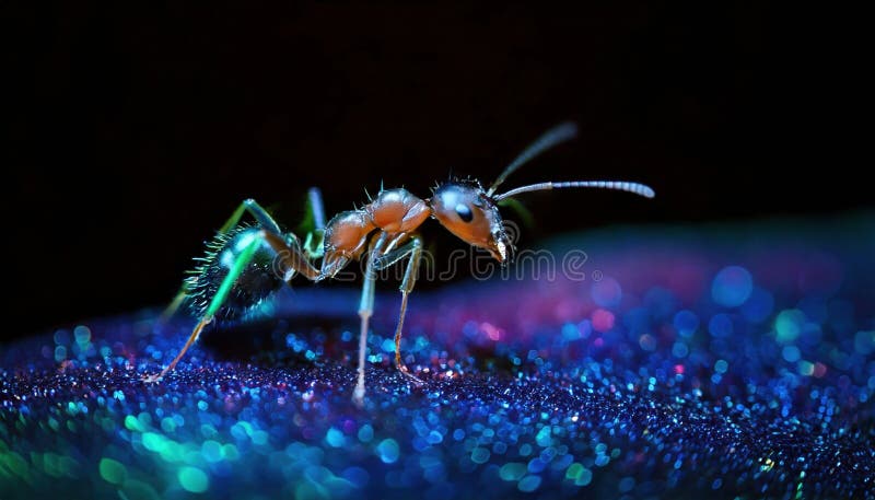Close-up of an Ant Exploring a Colorful, Sparkling Surface at Night ...