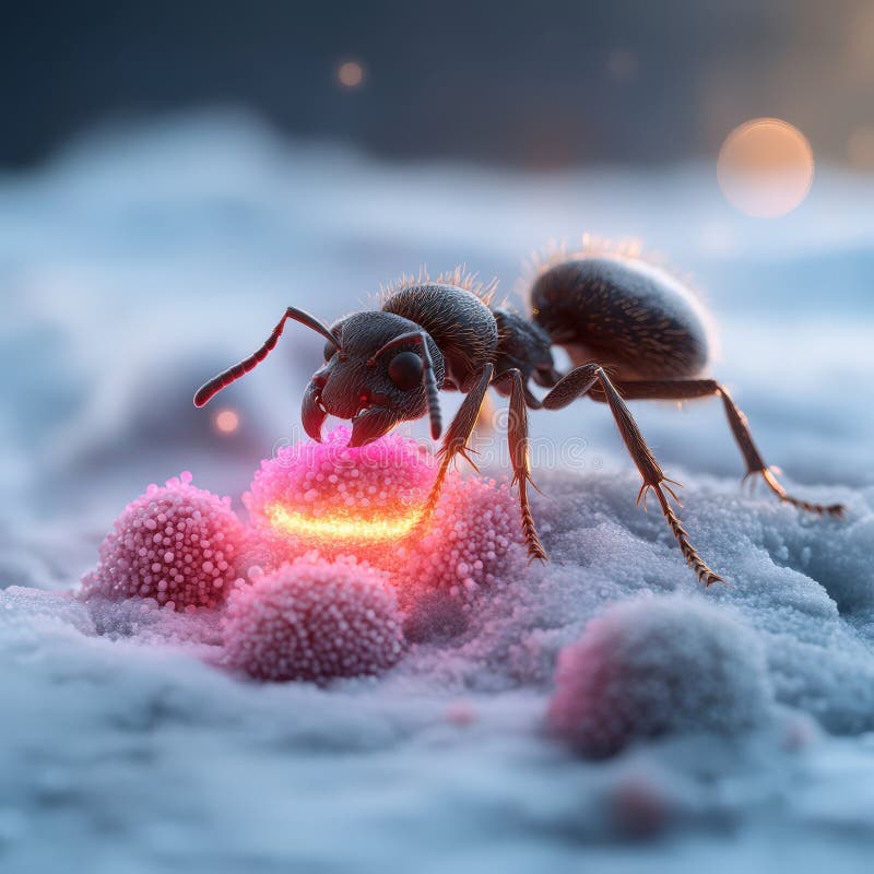 Close-up of Ant Interacting with Glowing Spheres in a Surreal ...