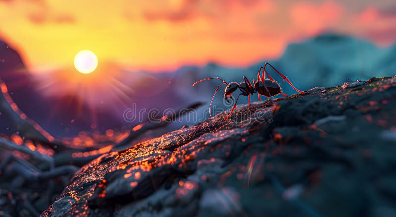 A Close-up of an Ant on a Log Against a Sunset Background Stock Photo ...