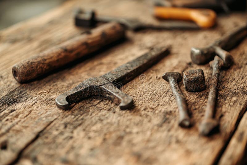Close-up of Antique Metal Tools on a Rustic Wooden Surface Stock Photo ...