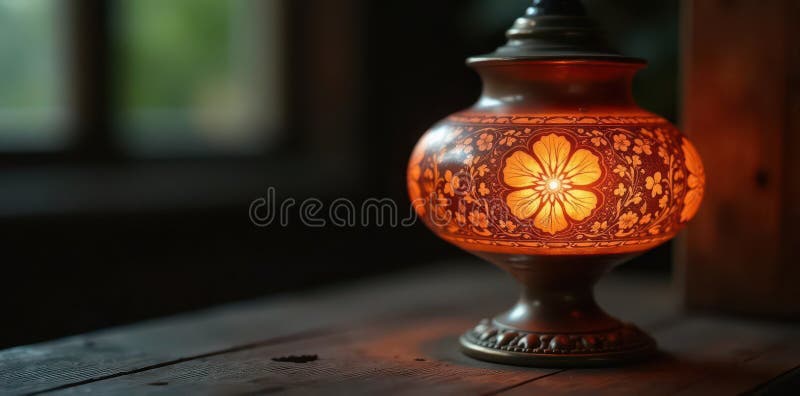Close Up, Antique Oil Lamp; Engraved Floral Pattern, Soft Flame ...