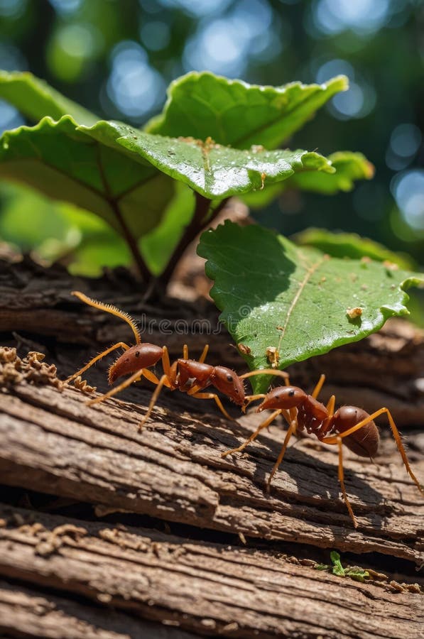 Close-up of Two Red Ants Crawling on Wood with Green Leaves Stock ...