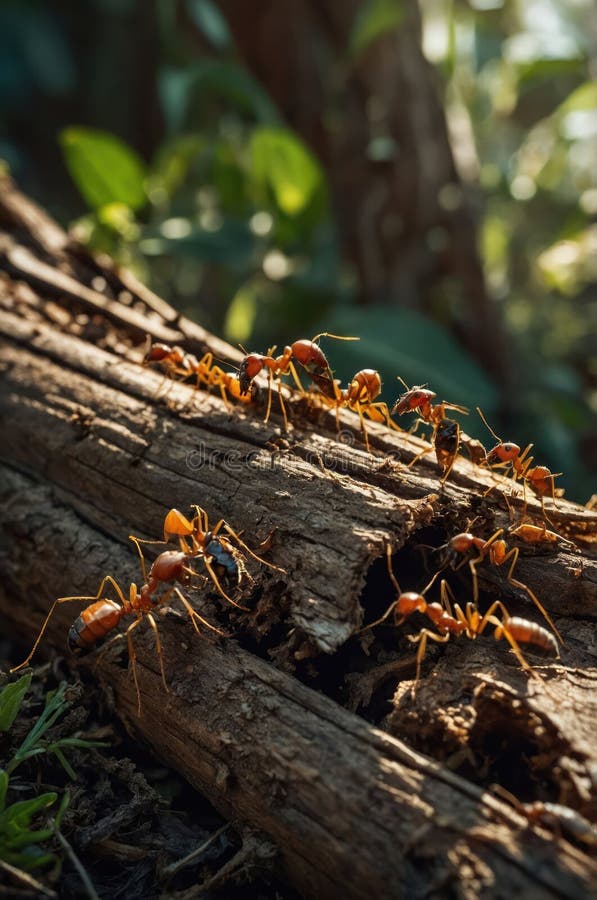 Close-up of Weaver Ants Carrying Food on a Log in a Forest Stock ...
