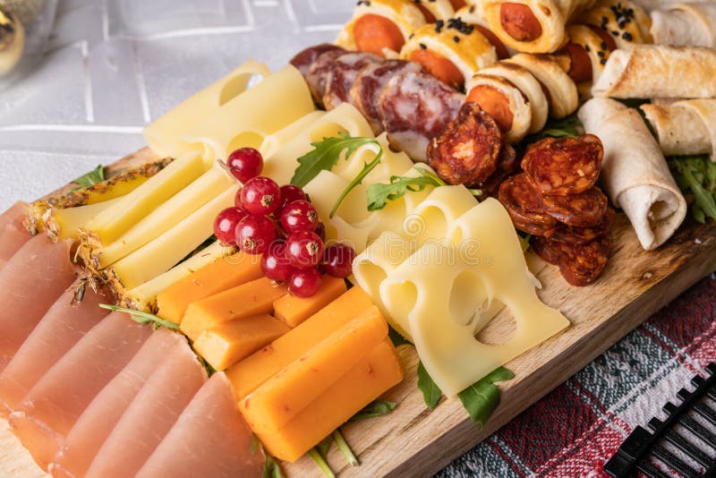 Close Up on Appetizer Food on the Table Cheese and Sausage Stock Image ...