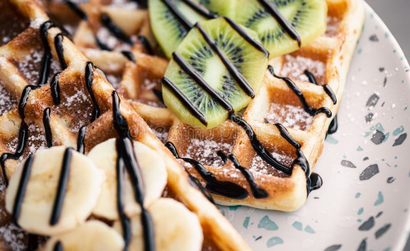 Close-up, Belgian Waffles with Fruits, Covered with Chocolate. Stock ...