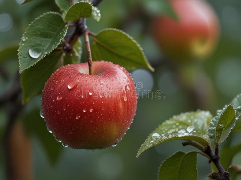 Close-up of an Apple on Tree Branch with Water Droplets. Stock Image ...