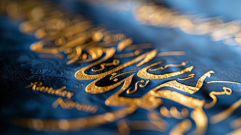 A Close Up of Arabic Calligraphy on a Blue Cloth Stock Image - Image of ...