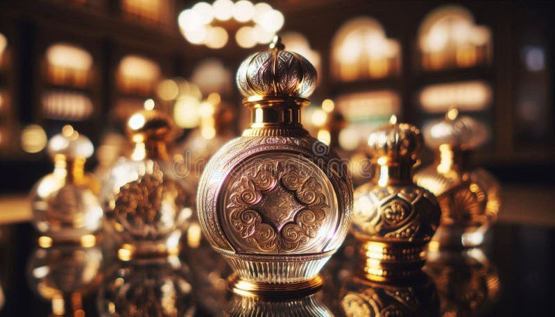 Close-up of Arabic Perfume Bottles (Attar) with Ornate Designs Stock ...