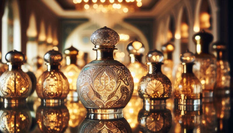 Close-up of Arabic Perfume Bottles (Attar) with Ornate Designs Stock ...